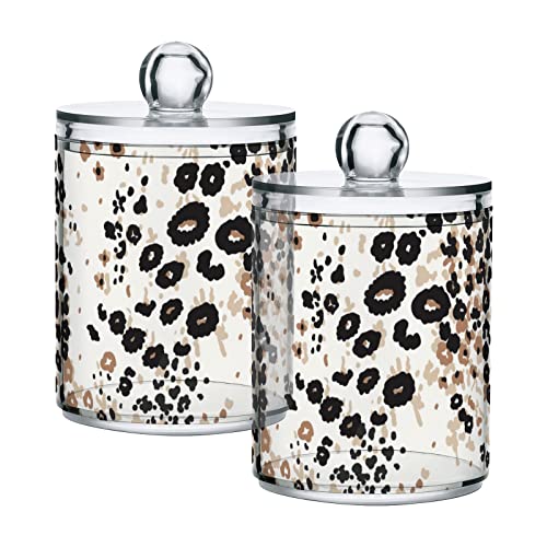 2 Pack Qtip Holder Dispenser for Cotton Ball Brown Floral Leopard Print Cotton Swab Cotton Round Pads Clear Plastic Acrylic Jar Set Bathroom Canister