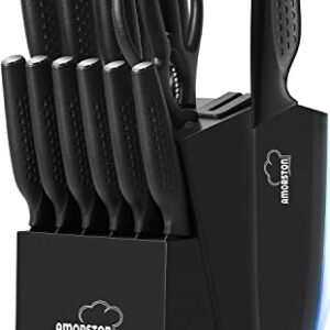 Knife Set, 15 Pieces Kitchen Knife Set with Built in Knife Sharpener Block, Dishwasher Safe, German Stainless Steel Knife Block Set, Elegant Black