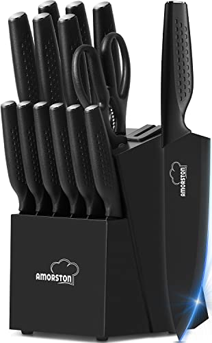 Knife Set, 15 Pieces Kitchen Knife Set with Built in Knife Sharpener Block, Dishwasher Safe, German Stainless Steel Knife Block Set, Elegant Black