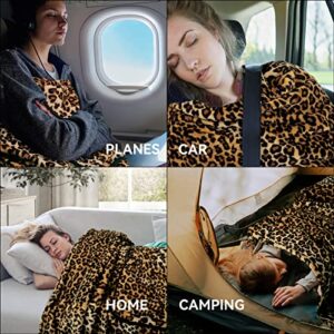 MACEVIA Travel Blanket with Sleeve for Women Men Adult Wearable Blanket Warm Cozy Super Soft Sleeved Throw with Arm 2 in 1 Blanket Pillow for Airplane Train Camping Travel Watching TV - Leopard Print