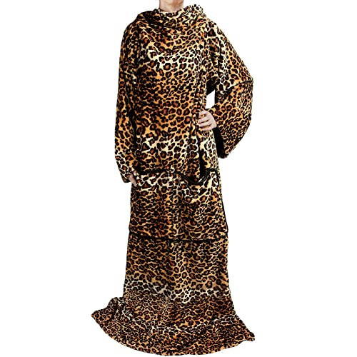 MACEVIA Travel Blanket with Sleeve for Women Men Adult Wearable Blanket Warm Cozy Super Soft Sleeved Throw with Arm 2 in 1 Blanket Pillow for Airplane Train Camping Travel Watching TV - Leopard Print