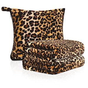 MACEVIA Travel Blanket with Sleeve for Women Men Adult Wearable Blanket Warm Cozy Super Soft Sleeved Throw with Arm 2 in 1 Blanket Pillow for Airplane Train Camping Travel Watching TV - Leopard Print