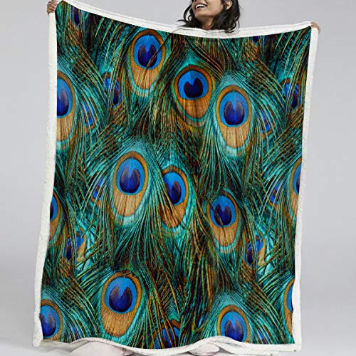 BlessLiving Peacock Blanket Green Blue Peacock Fleece Blanket Peacock Feather Blankets and Throws Soft Sherpa Plush Blankets Peacock Gifts for Adults Women Kids Girls (Throw, 50 x 60 Inches)