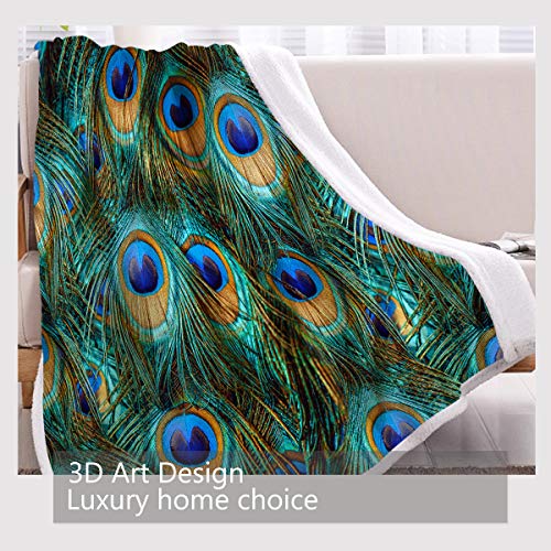 BlessLiving Peacock Blanket Green Blue Peacock Fleece Blanket Peacock Feather Blankets and Throws Soft Sherpa Plush Blankets Peacock Gifts for Adults Women Kids Girls (Throw, 50 x 60 Inches)