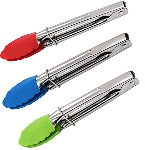 Premium Kitchen Tongs with Silicone Tip,Mini Metal Cooking Tongs 7 Inch Serving Tongs,Non-Stick,Stainless Steel,Heat Resistant Locking Cooking Tongs for Cooking,Barbecue,Salad,Grilling,Frying(3pcs)