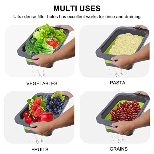 QiMH Colander Collapsible, Over Sink Silicone 9 Quart(8.5L) Extra Large Kitchen Strainers with Extendable Handles, Veggies, Fruit and Pasta Foldable Strainer, BPA Free, Kitchen Essential