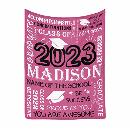 MyPupSocks Personalized Graduation Blanket for Class of 2023, Graduate Class of 2023 Pink Fleece Throw Blanket with School College Name for Granddaughter Grandson Niece Graduation Gifts 30x40