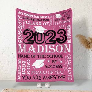 MyPupSocks Personalized Graduation Blanket for Class of 2023, Graduate Class of 2023 Pink Fleece Throw Blanket with School College Name for Granddaughter Grandson Niece Graduation Gifts 30x40