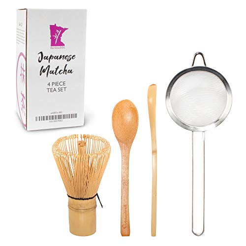 BambooMN Japanese Tea Set, Matcha Whisk (Chasen), Tea Strainer, Traditional Scoop (Chashaku), Teaspoon, The Perfect Set to Prepare a Traditional Cup of Matcha - 1 Set