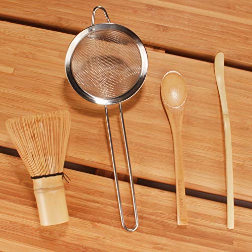 BambooMN Japanese Tea Set, Matcha Whisk (Chasen), Tea Strainer, Traditional Scoop (Chashaku), Teaspoon, The Perfect Set to Prepare a Traditional Cup of Matcha - 1 Set