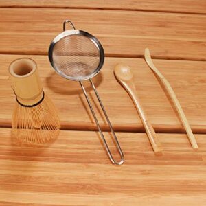 BambooMN Japanese Tea Set, Matcha Whisk (Chasen), Tea Strainer, Traditional Scoop (Chashaku), Teaspoon, The Perfect Set to Prepare a Traditional Cup of Matcha - 1 Set