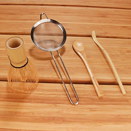 BambooMN Japanese Tea Set, Matcha Whisk (Chasen), Tea Strainer, Traditional Scoop (Chashaku), Teaspoon, The Perfect Set to Prepare a Traditional Cup of Matcha - 1 Set