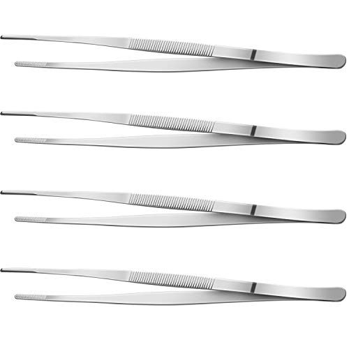 4 Packs 12 Inch Fine Tongs Tweezers Bar Tongs, Stainless Steel Food Tweezers with Precision Serrated Tips for Cooking, Repairing, Medical, Beauty and Sea Food