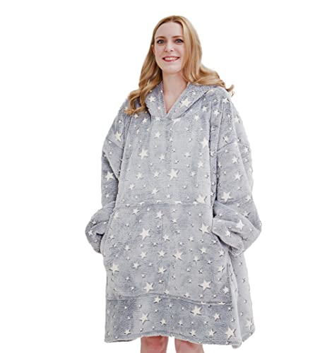 U&O Oversized Glow in Dark Wearable Sherpa Blanket Sweatshirt with Hood & Pocket and Sleeves Luminous Hoodie Blanket (Grey)