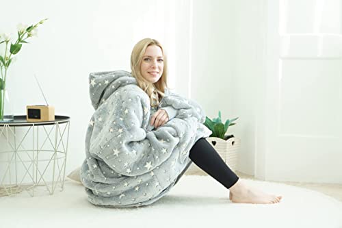 U&O Oversized Glow in Dark Wearable Sherpa Blanket Sweatshirt with Hood & Pocket and Sleeves Luminous Hoodie Blanket (Grey)