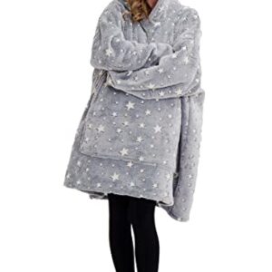 U&O Oversized Glow in Dark Wearable Sherpa Blanket Sweatshirt with Hood & Pocket and Sleeves Luminous Hoodie Blanket (Grey)