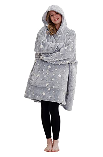 U&O Oversized Glow in Dark Wearable Sherpa Blanket Sweatshirt with Hood & Pocket and Sleeves Luminous Hoodie Blanket (Grey)