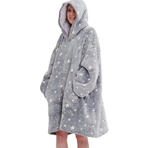 U&O Oversized Glow in Dark Wearable Sherpa Blanket Sweatshirt with Hood & Pocket and Sleeves Luminous Hoodie Blanket (Grey)