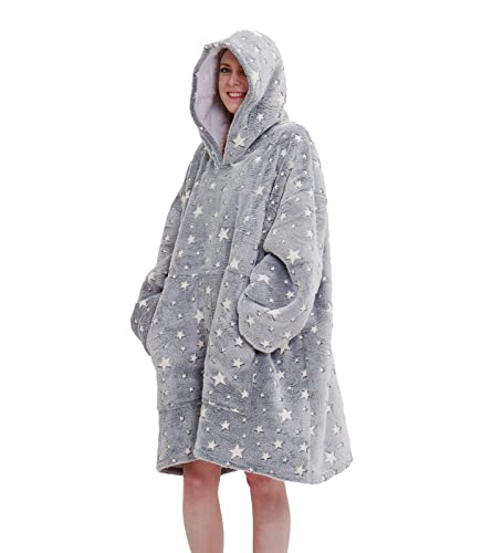 U&O Oversized Glow in Dark Wearable Sherpa Blanket Sweatshirt with Hood & Pocket and Sleeves Luminous Hoodie Blanket (Grey)