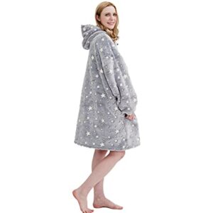 U&O Oversized Glow in Dark Wearable Sherpa Blanket Sweatshirt with Hood & Pocket and Sleeves Luminous Hoodie Blanket (Grey)