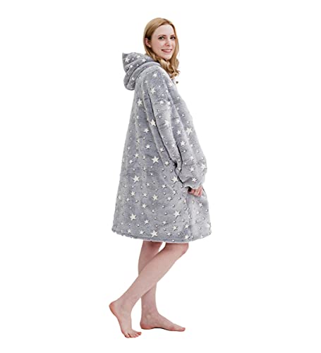 U&O Oversized Glow in Dark Wearable Sherpa Blanket Sweatshirt with Hood & Pocket and Sleeves Luminous Hoodie Blanket (Grey)