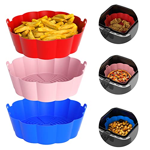 3-Pack Air Fryer Liners Silicone, 8.5 inch Reusable Air Fryer Basket, For 3.5 to 8.5QT Food Grade Air Fryer Accessories, Replacement of Parchment Liners, No Need to Clean the Air Fryer(Red+Bule+Pink)