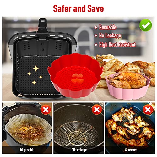 3-Pack Air Fryer Liners Silicone, 8.5 inch Reusable Air Fryer Basket, For 3.5 to 8.5QT Food Grade Air Fryer Accessories, Replacement of Parchment Liners, No Need to Clean the Air Fryer(Red+Bule+Pink)