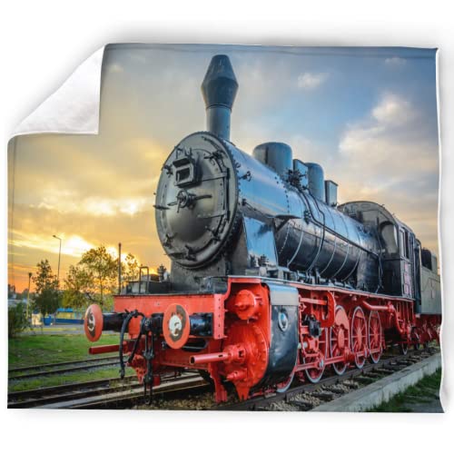 Steam Train Old Engine Train Blanket Soft Fleece Throw Blanket Cozy Fuzzy Warm Flannel Blankets for Women Men for Couch Bed Sofa All Season Gift