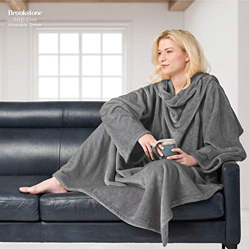 Brookstone NAP Wearable Throw Blanket - Reversible Ultra Soft Polyester Fabric with Sleeves for Your Arms – The Ultimate Blanket for Warmth and Mobility - Gray