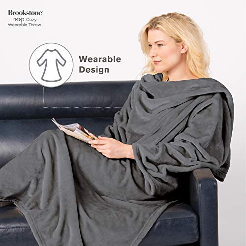 Brookstone NAP Wearable Throw Blanket - Reversible Ultra Soft Polyester Fabric with Sleeves for Your Arms – The Ultimate Blanket for Warmth and Mobility - Gray