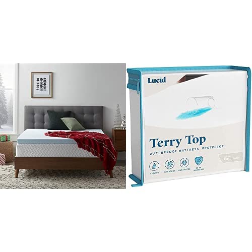 LUCID 2-Inch Ventilated Gel Infused Memory Foam Mattress Topper - Queen & Premium Hypoallergenic 100% Waterproof Mattress Protector - Universal Fit, Cotton Terry Top, Queen