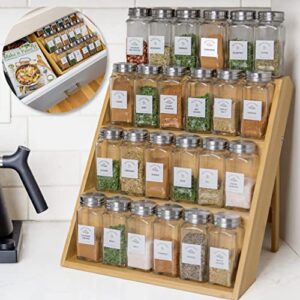 eclectics kc wooden spice rack organizer for kitchen drawer, cabinet, and countertop - organic bamboo- 3 tier shelf -includes 48 stickers & anti-slip pads