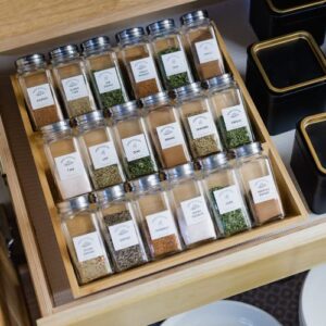 ECLECTICS KC Wooden Spice Rack Organizer for Kitchen Drawer, Cabinet, and Countertop - Organic Bamboo- 3 Tier Shelf -Includes 48 Stickers & Anti-Slip Pads