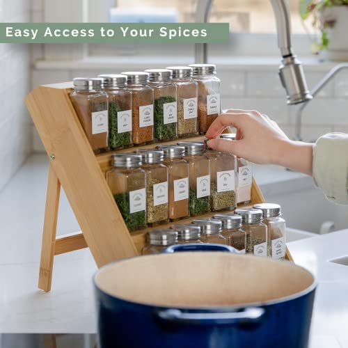 ECLECTICS KC Wooden Spice Rack Organizer for Kitchen Drawer, Cabinet, and Countertop - Organic Bamboo- 3 Tier Shelf -Includes 48 Stickers & Anti-Slip Pads