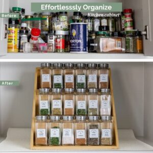 ECLECTICS KC Wooden Spice Rack Organizer for Kitchen Drawer, Cabinet, and Countertop - Organic Bamboo- 3 Tier Shelf -Includes 48 Stickers & Anti-Slip Pads