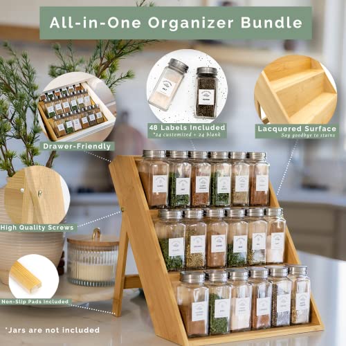 ECLECTICS KC Wooden Spice Rack Organizer for Kitchen Drawer, Cabinet, and Countertop - Organic Bamboo- 3 Tier Shelf -Includes 48 Stickers & Anti-Slip Pads