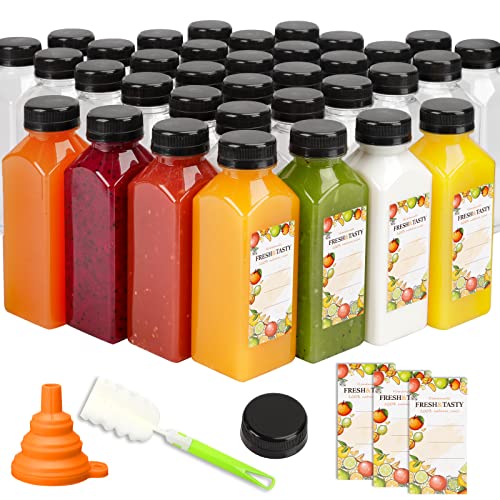 TOMNK 35pcs 12oz Plastic Juice Bottles with Caps Empty Reusable Clear Bottles Beverage Containers Bulk with Lids, Label, Funnel and Brush for Juicing, Smoothies, Tea, Milk and Beverages