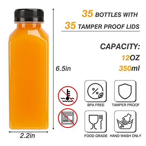 TOMNK 35pcs 12oz Plastic Juice Bottles with Caps Empty Reusable Clear Bottles Beverage Containers Bulk with Lids, Label, Funnel and Brush for Juicing, Smoothies, Tea, Milk and Beverages