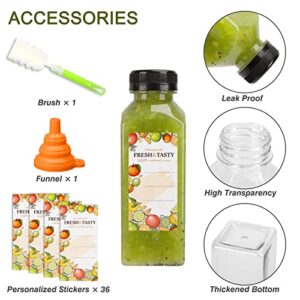 TOMNK 35pcs 12oz Plastic Juice Bottles with Caps Empty Reusable Clear Bottles Beverage Containers Bulk with Lids, Label, Funnel and Brush for Juicing, Smoothies, Tea, Milk and Beverages