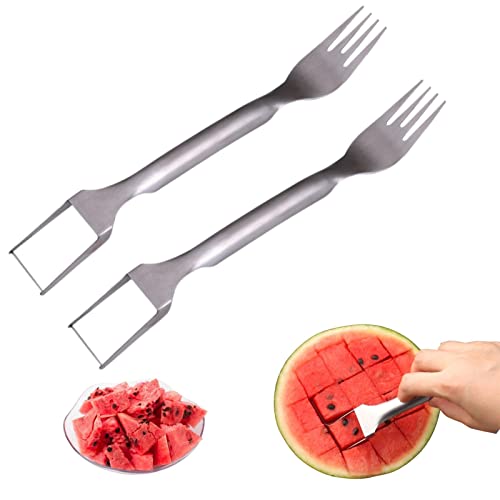 2PCS Watermelon Fork Slicer Cutter, Dual Head Stainless Steel Fruit Forks Slicer Knife for Family Parties Camping