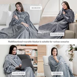 MAXICOZY Wearable Blanket with Sleeves and Pocket, 50"x 70", Warm and Comfy Flannel Blanket Sweatshirt for Adult Women Men (Gray)