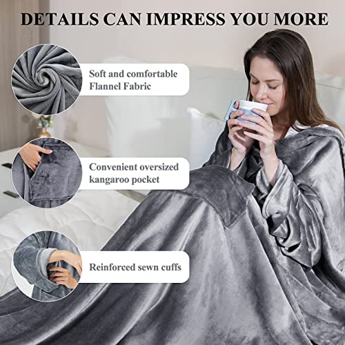 MAXICOZY Wearable Blanket with Sleeves and Pocket, 50"x 70", Warm and Comfy Flannel Blanket Sweatshirt for Adult Women Men (Gray)