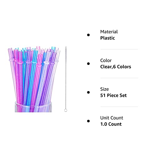 50 Pieces Reusable Drinking Straws Colorful Plastic Straws Clear Glitter Unbreakable Drinking Straws with Cleaning Brush for Home Party Supplies, 6 Colors (9 Inch)