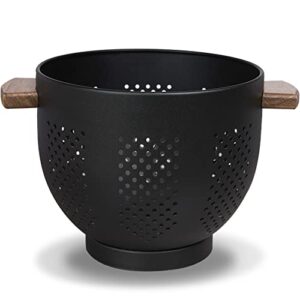 stainless steel colander with wood handle | metal food strainer for washing pasta vegetables fruit noodles spaghetti and more | premium colanders & food strainer | 5.5 quart large matte black