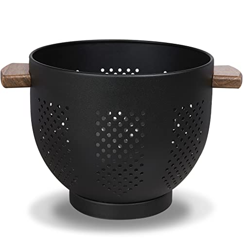 Stainless Steel Colander with Wood Handle | Metal Food Strainer for Washing Pasta Vegetables Fruit Noodles Spaghetti and More | Premium Colanders & Food Strainer | 5.5 Quart Large Matte Black