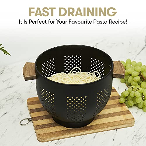 Stainless Steel Colander with Wood Handle | Metal Food Strainer for Washing Pasta Vegetables Fruit Noodles Spaghetti and More | Premium Colanders & Food Strainer | 5.5 Quart Large Matte Black