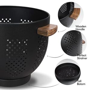 Stainless Steel Colander with Wood Handle | Metal Food Strainer for Washing Pasta Vegetables Fruit Noodles Spaghetti and More | Premium Colanders & Food Strainer | 5.5 Quart Large Matte Black