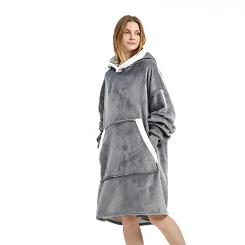 XYNHML Oversized Wearable Blanket Flannel Sherpa Fleece Giant Hoodie Blanket Light Grey Stitch Blanket Hoodie Sweatshirt Blanket with Sleeves and Giant Pocket