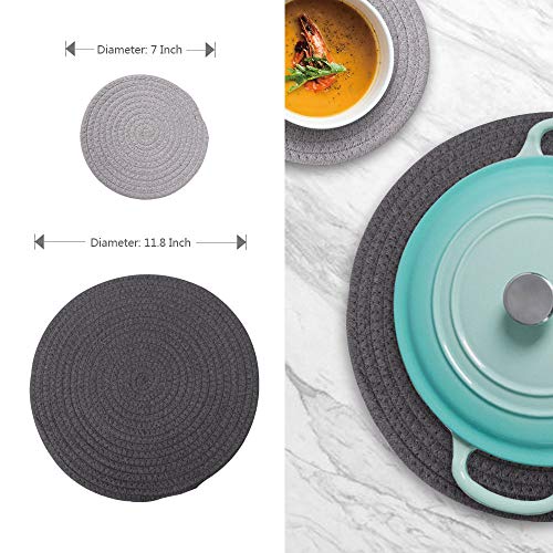 5-Pcs Trivet Pot Holder: Round Woven Potholders Set - 100% Cotton Braided Hot Pads - Coasters - Table Mats for Cooking and Baking One 11.8 Inch and Four 7 Inch