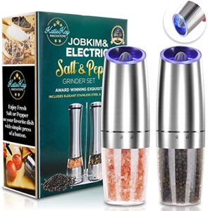 electric gravity pepper grinder set of 2, automatic salt and pepper mill grinder, adjustable roughness, battery powered, blue led light, stainless steel with one hand operation (sliver 2 pack)